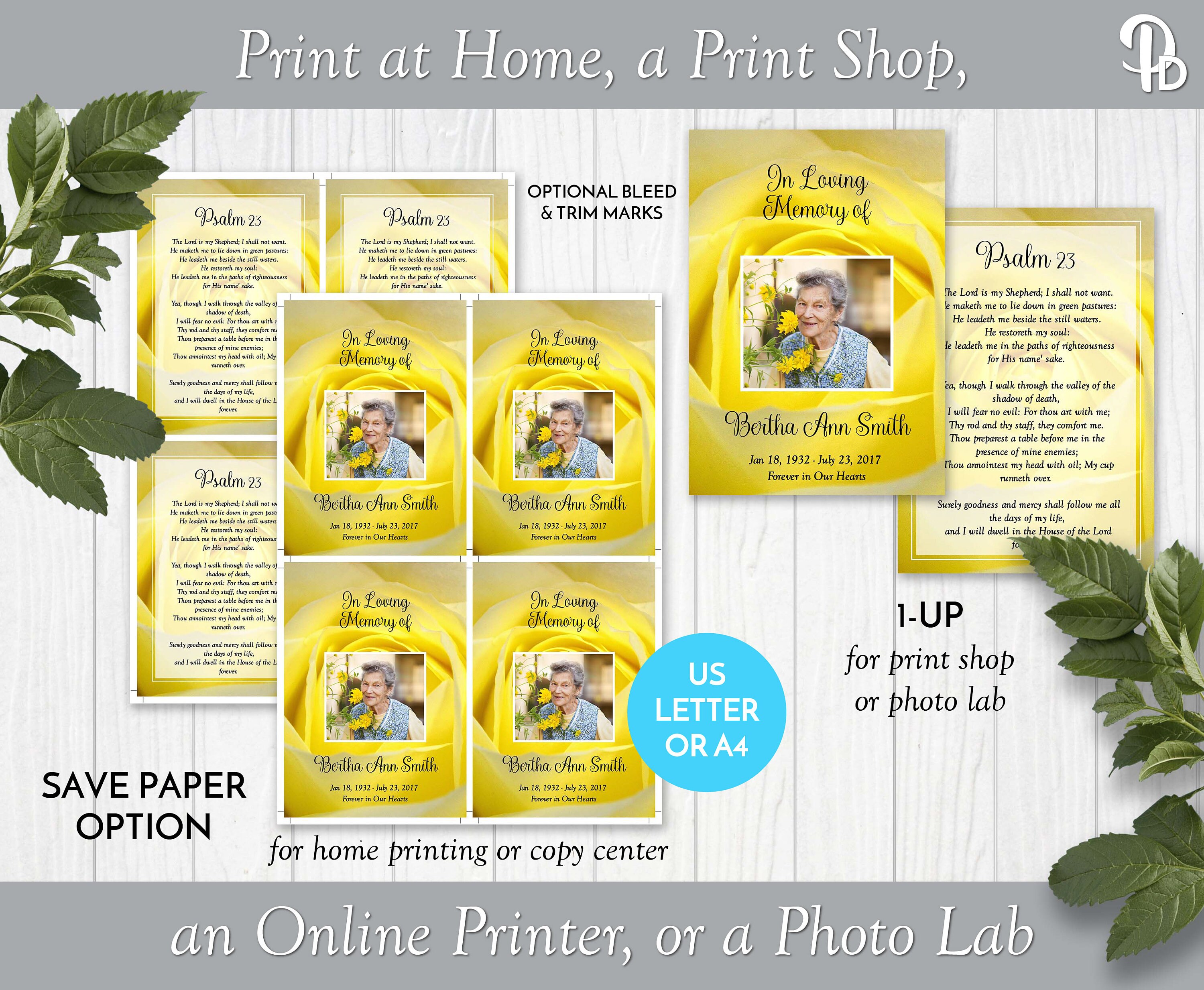 Yellow Rose Funeral Keepsake Prayer Card Memorial Favor | Etsy