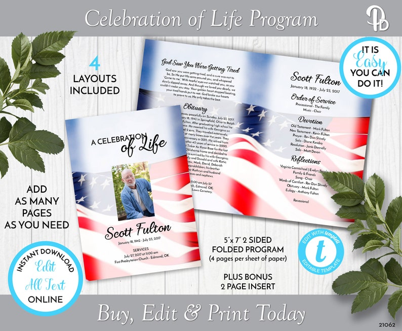 Waving Flag Funeral Program Template Patriotic Obituary/Order | Etsy