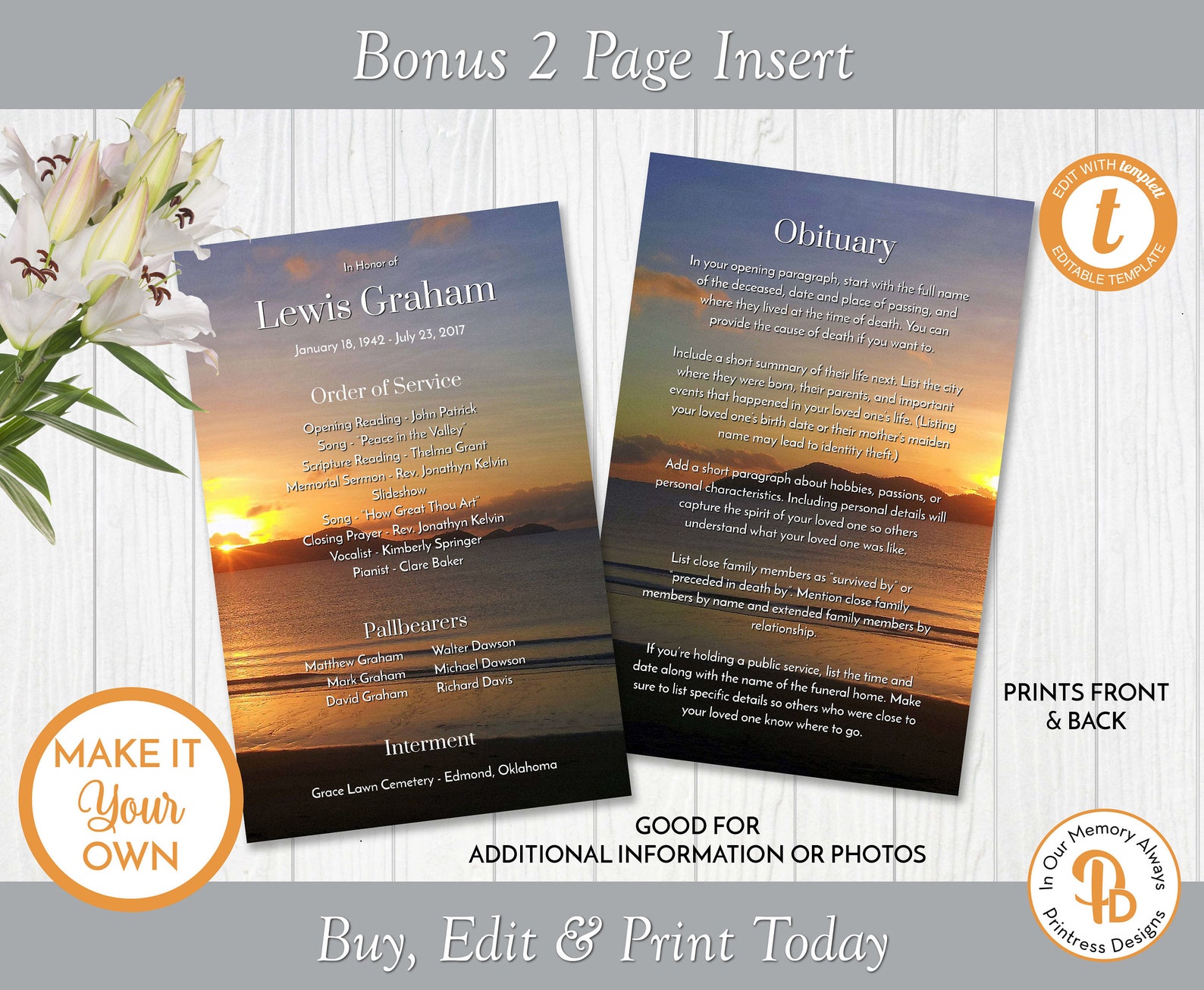 Beach Sunset Funeral Program Template, Obituary/order of Service ...