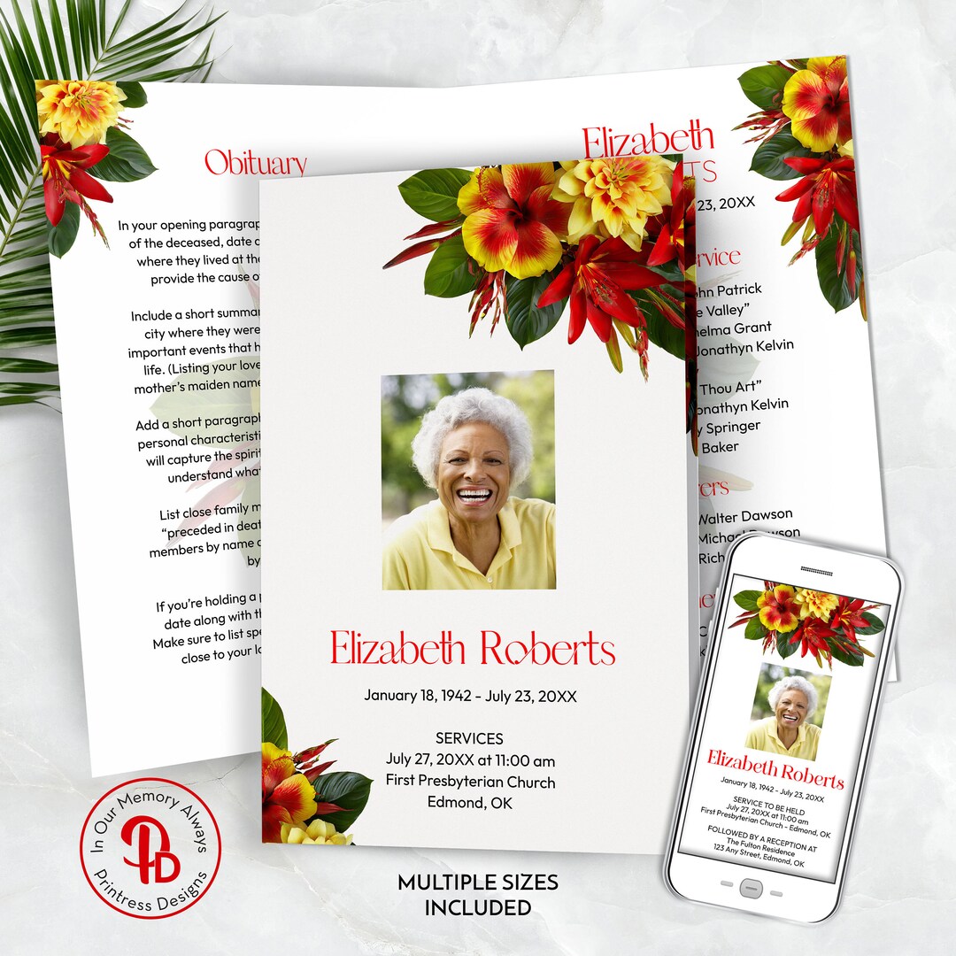 Tropical Floral Funeral Program Template, Celebration of Life Memorial ...