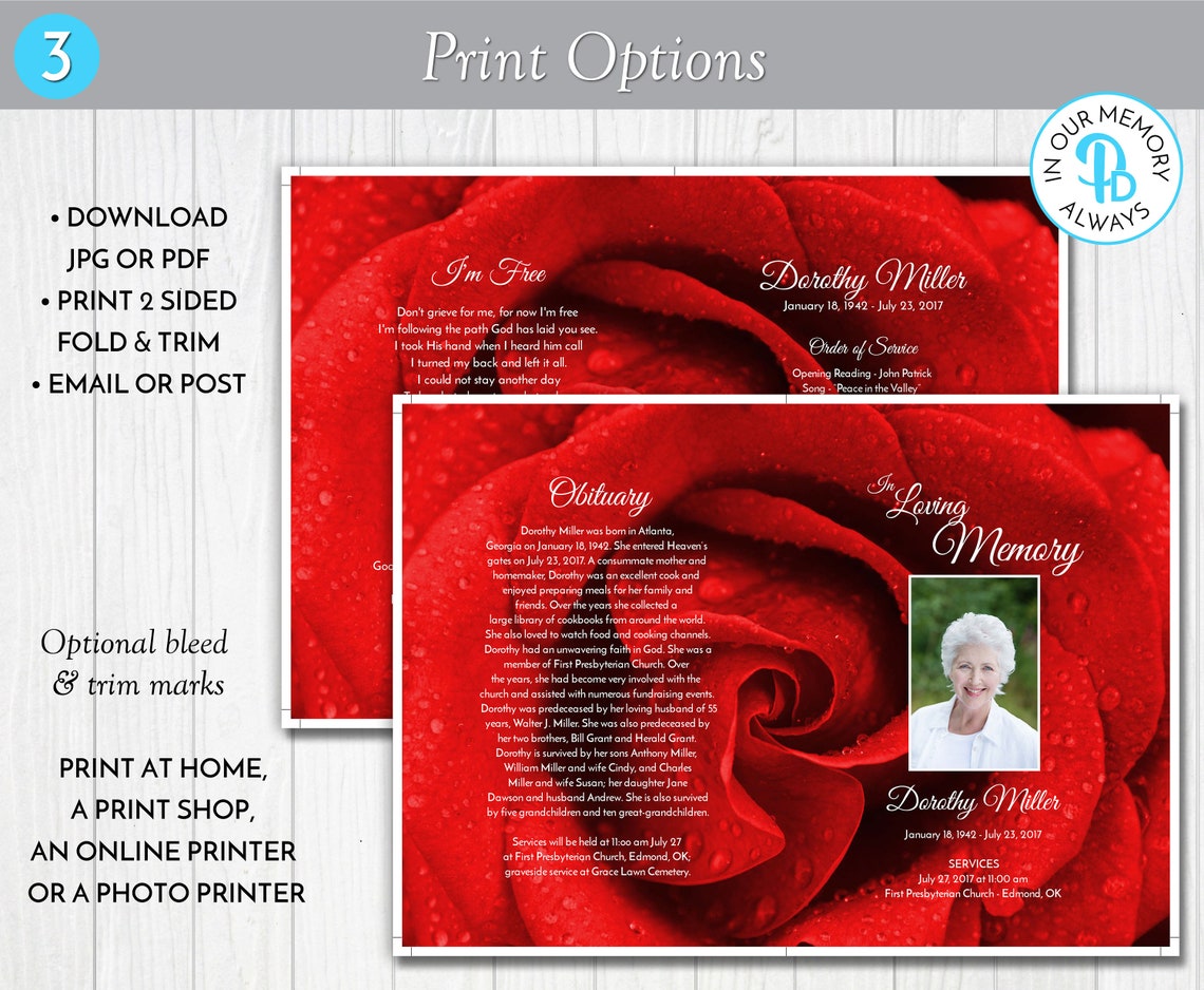 Red Rose Funeral Program Template, Obituary/order of Service Template ...