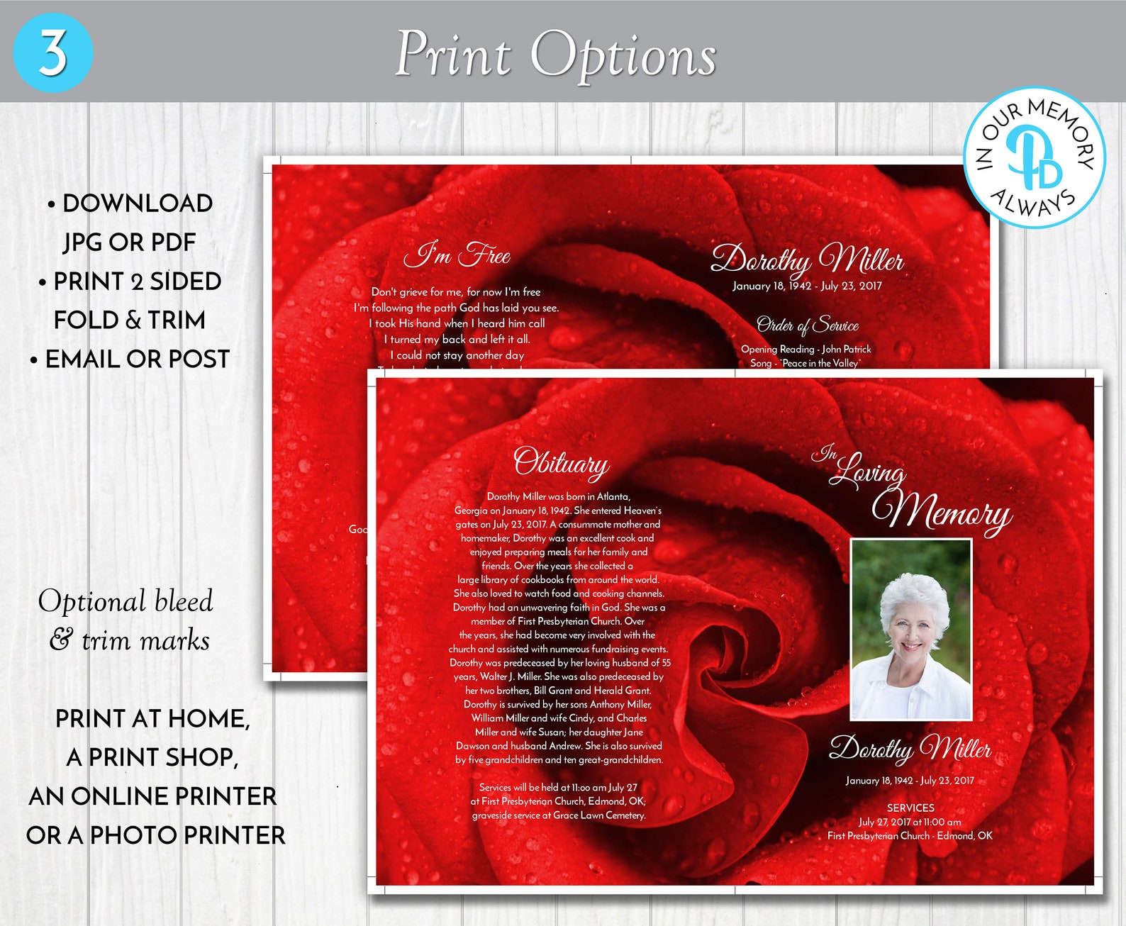 Red Rose Funeral Program Template Obituary/order of Service - Etsy