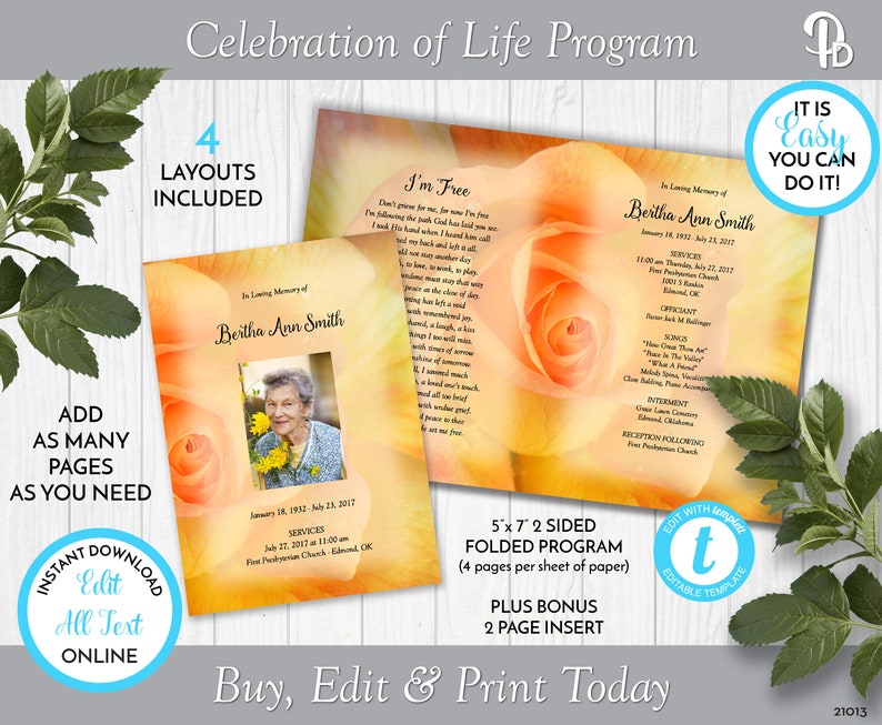 Orange Rose Funeral Program Template Obituary/Order of | Etsy