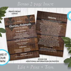 Dark Rustic Wood Funeral Program Template, Obituary/order of Service ...