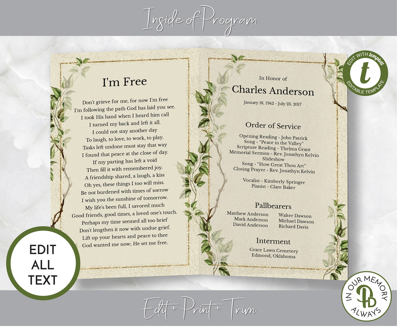 Vine and Twig Funeral Program, Obituary Template, Celebration of Life ...