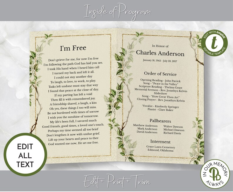 Vine and Twig Funeral Program Obituary Template Celebration - Etsy