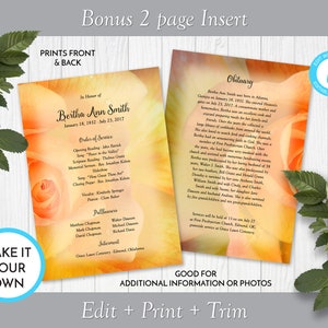 Orange Rose Funeral Program Template Obituary/Order of | Etsy