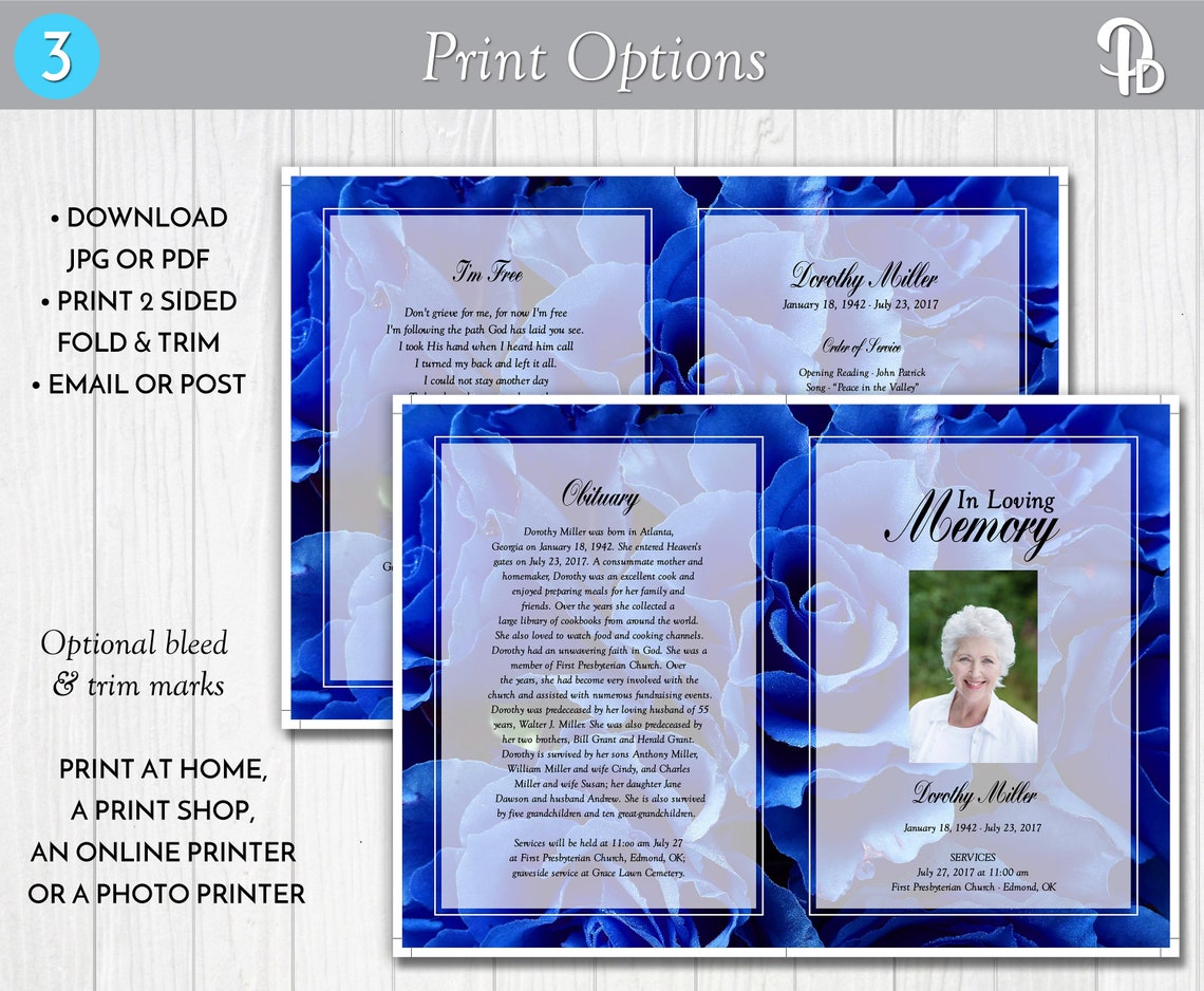 Blue Roses Funeral Program Template Obituary/order of Service | Etsy