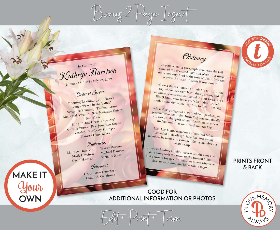 Orange-yellow Rose Funeral Program Obituary Template - Etsy