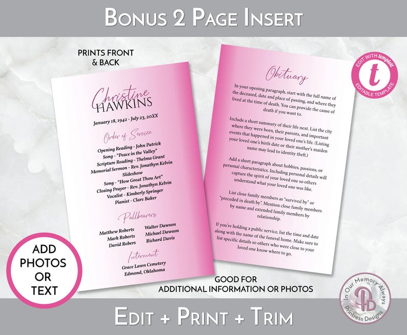 Pink Floral Funeral Program Template, Printable Magazine Memorial ...