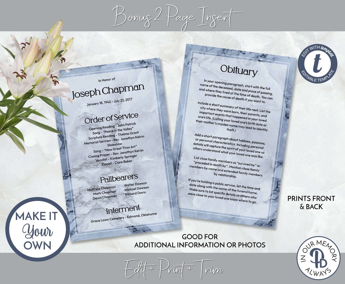 Blue Marble Funeral Program Obituary Template Celebration of - Etsy