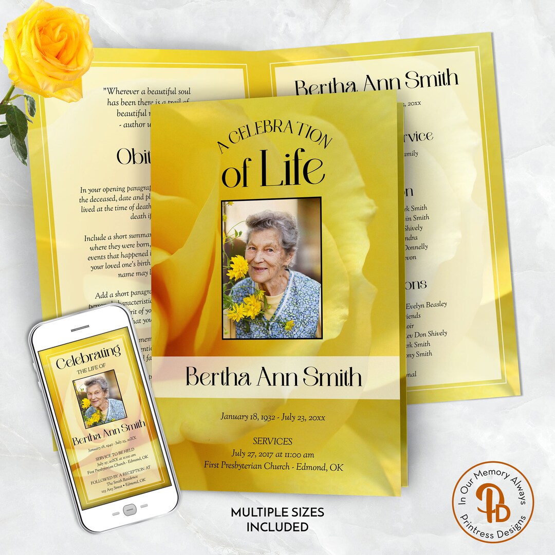 Golden Yellow Rose Funeral Program Template, Obituary Program, Order of ...