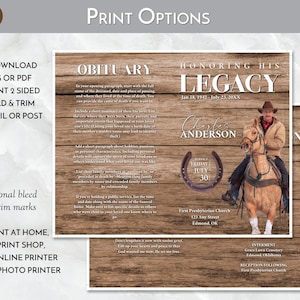 Rustic Cowboy Funeral Program Template, Printable Horse Rider Memorial ...