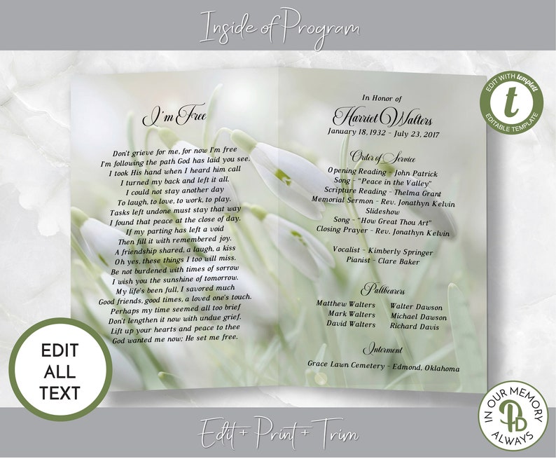 Early Spring Blooms Funeral Program Obituary Template - Etsy