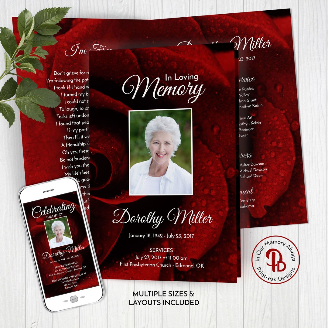 Deep Red Rose Funeral Program Template, Obituary/order of Service ...