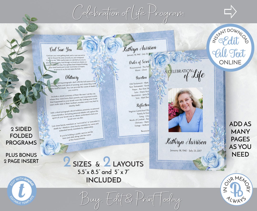 Blue Roses Funeral Program Template Obituary/order of Service - Etsy