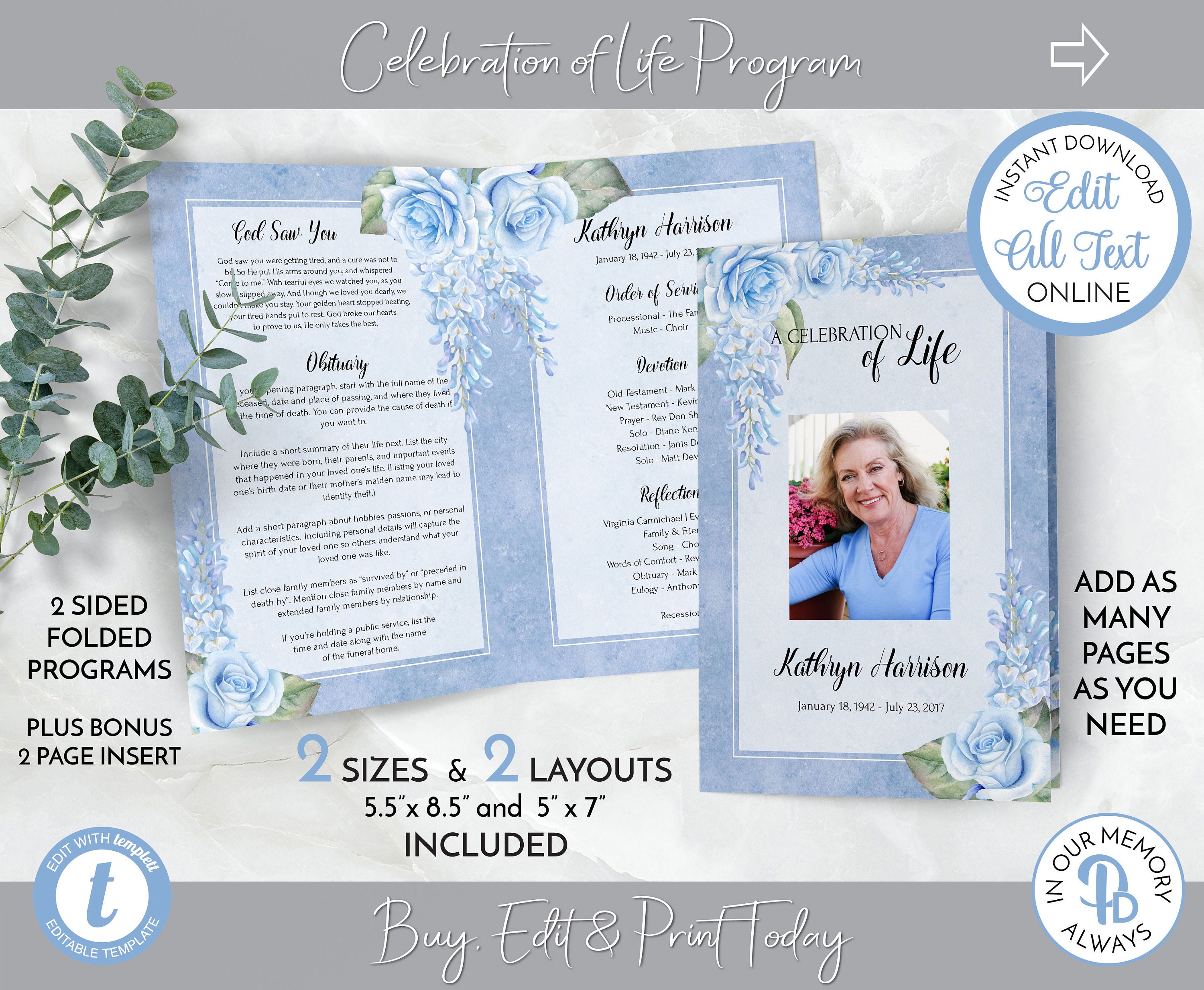 Blue Roses Funeral Program Template Obituary/order of Service - Etsy UK