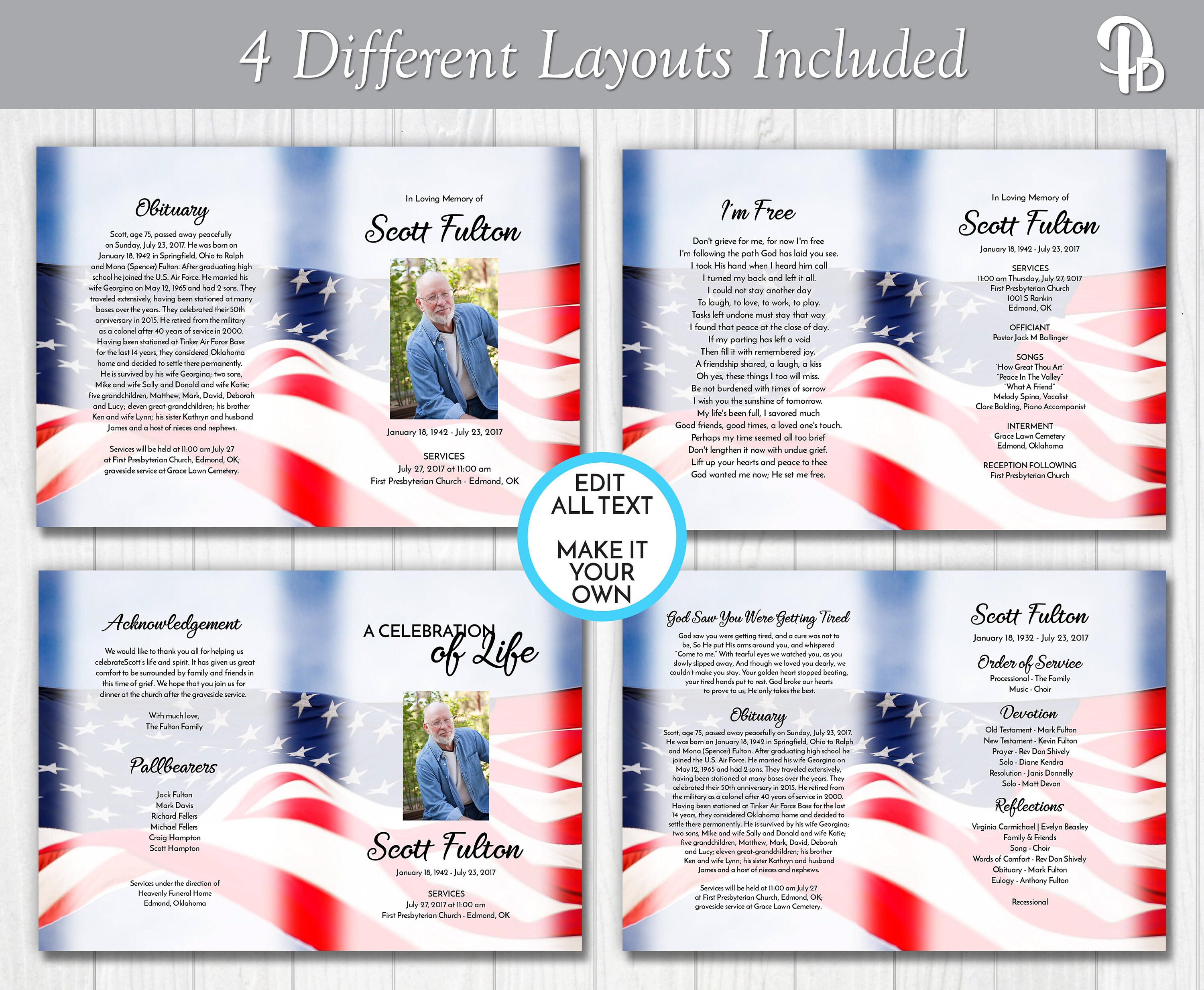 Waving Flag Funeral Program Template Patriotic Obituary/Order | Etsy