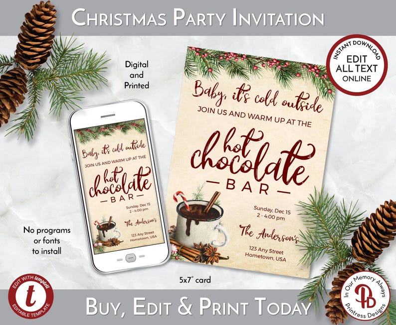 Editable Hot Chocolate Bar Party Invitation, Custom Hot Cocoa Holiday ...
