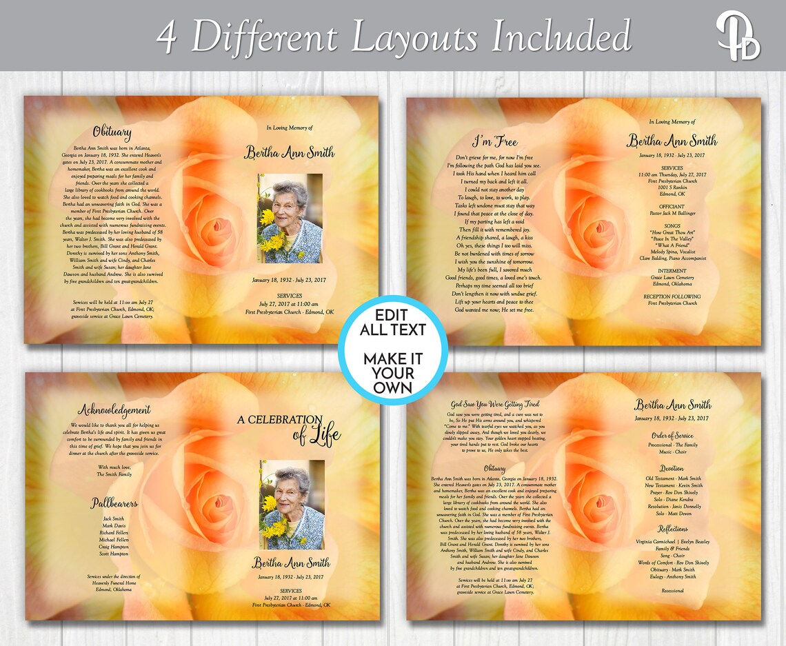 Orange Rose Funeral Program Template Obituary/Order of | Etsy