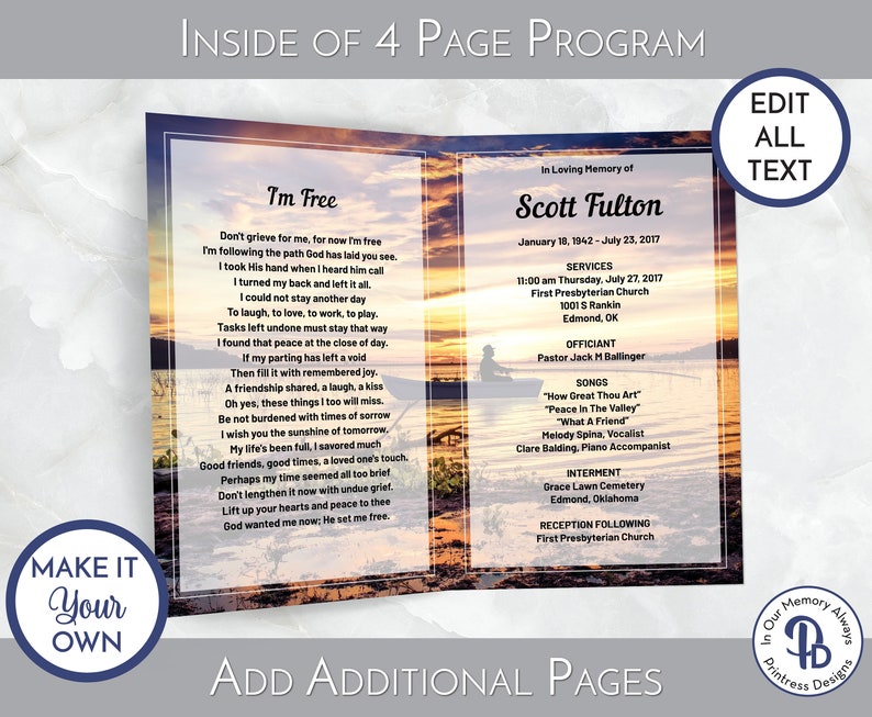 Sunset Fishing Funeral Program Template, Obituary Program, Order of ...