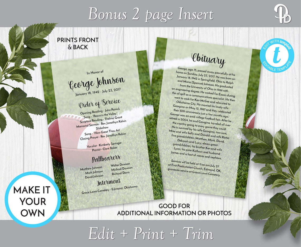 Football Fan Funeral Program Template Obituary/order of - Etsy