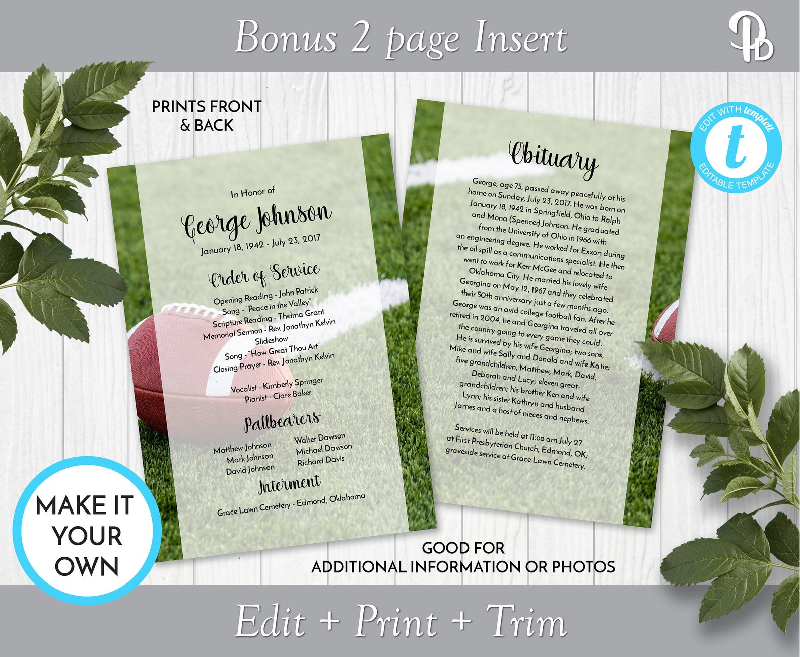 Football Fan Funeral Program Template Obituary/order of - Etsy