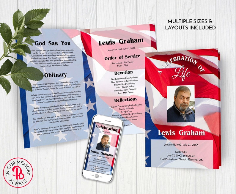 Patriotic US Flag Funeral Program Template Obituary/order of - Etsy