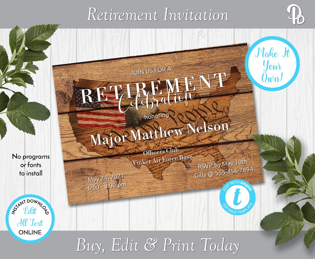 Rustic Wood American Flag Military Retirement Party Invitation Template ...