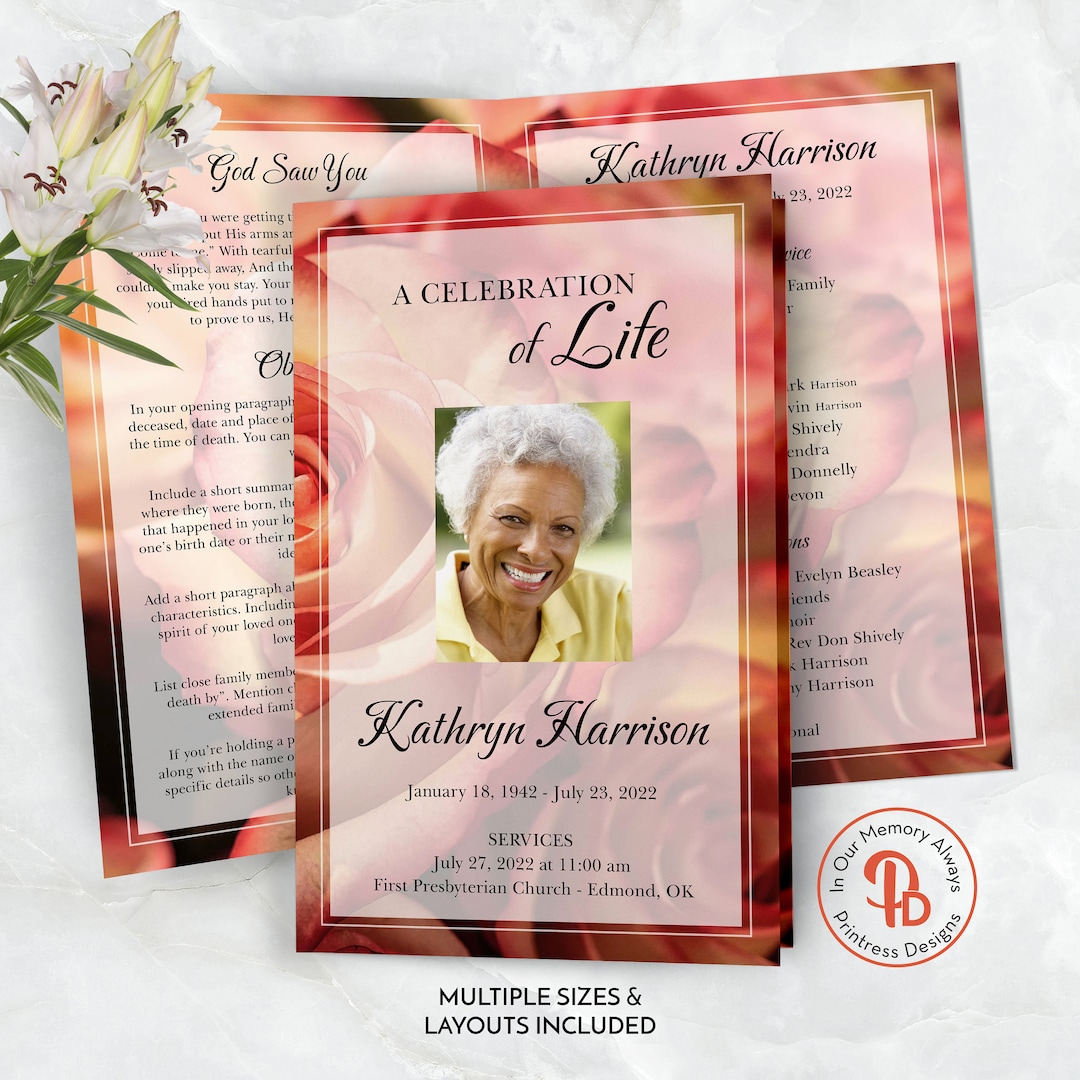 Orange Yellow Rose Funeral Program, Obituary Template, Celebration of ...