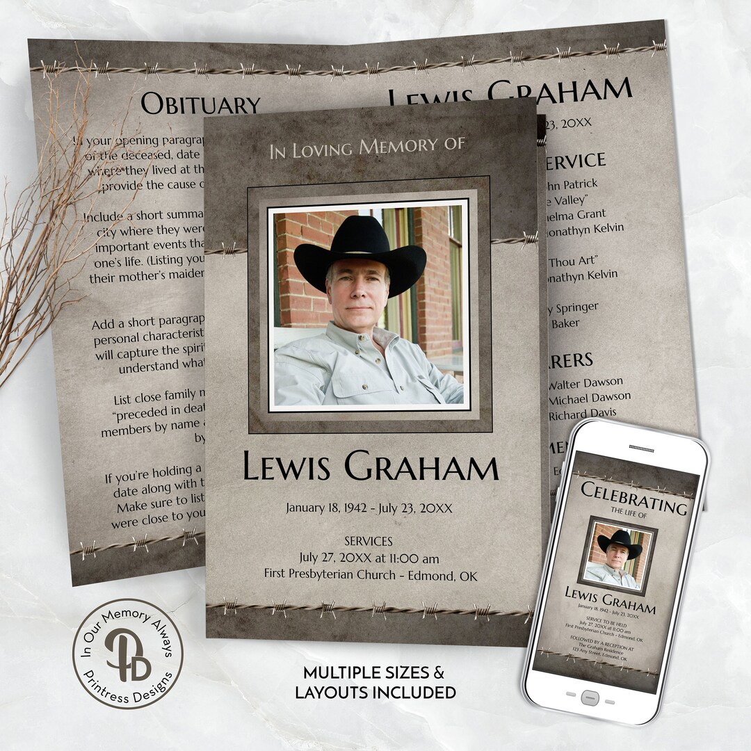 Rustic Brown Funeral Program Template, Obituary Template, Celebration ...