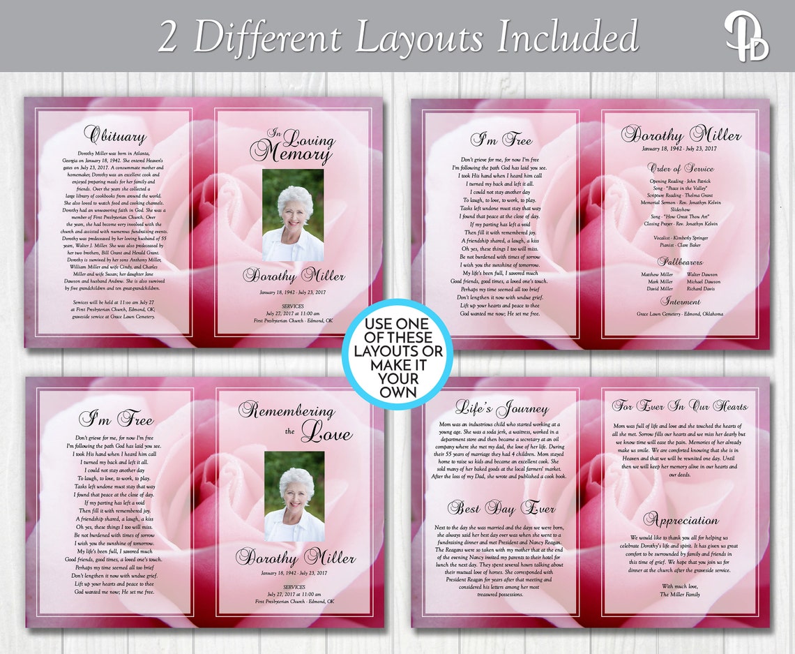 Delicate Pink Rose Funeral Program Template Obituary/order of - Etsy