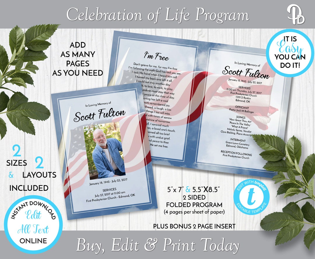 Patriotic Funeral Program Template Obituary Order of Service - Etsy