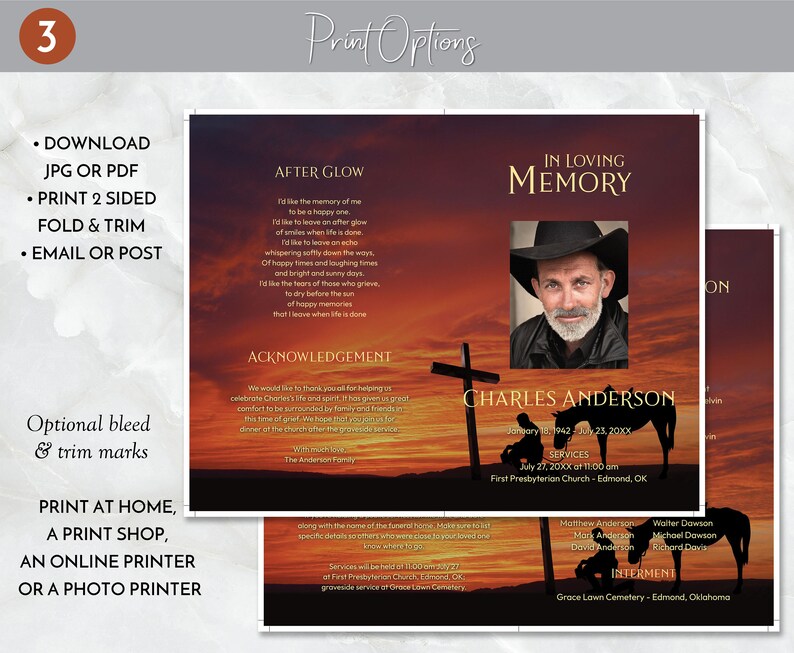 Cowboy Kneeling at Sunset Funeral Program Obituary Template - Etsy