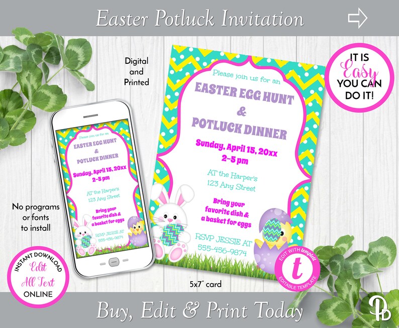 Easter Egg Hunt and Potluck Party Invitation, Holiday Party Invitation ...