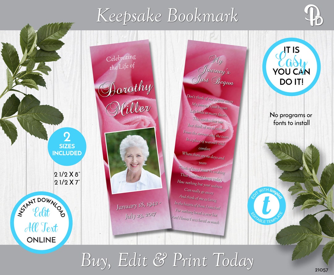 Pink Rose Printable Memorial Bookmark Template, Floral Editable Funeral ...
