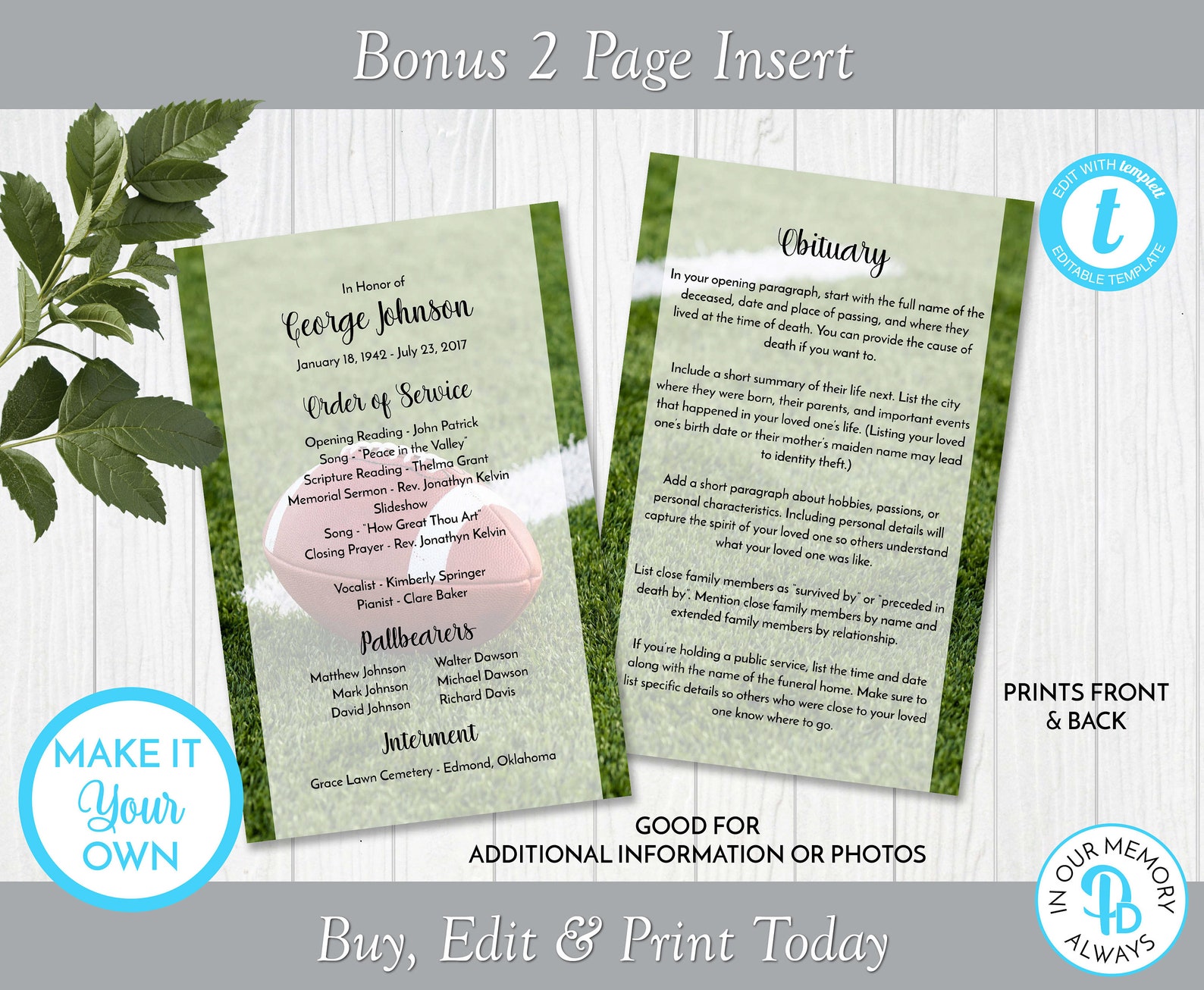 Football Fan Funeral Program Template, Obituary/order of Service ...