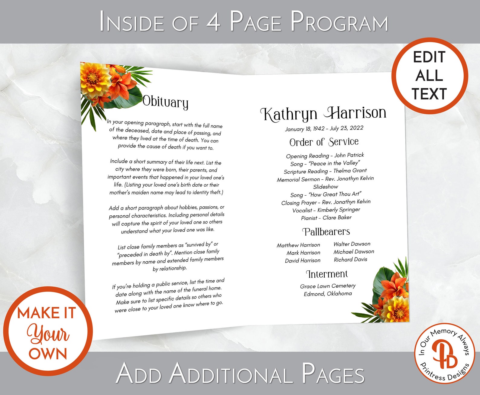 Tropical Floral Funeral Program Template, Celebration of Life Memorial ...