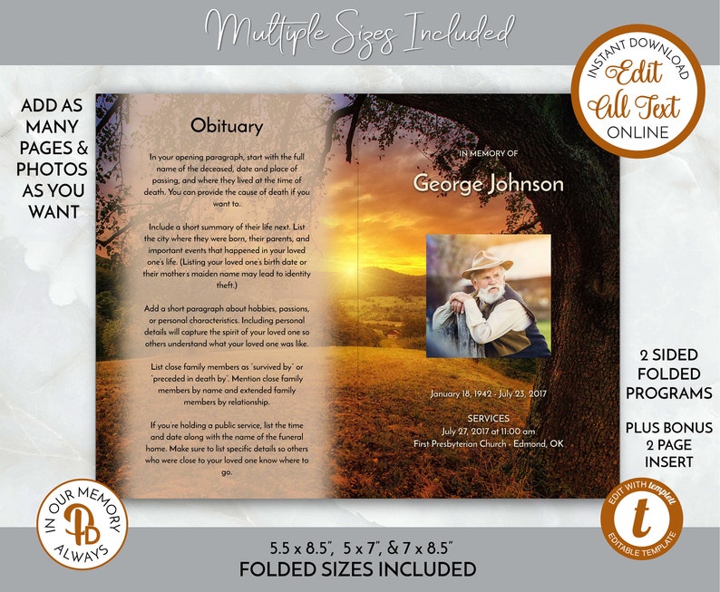 Meadow Sunset Funeral Program Template, Obituary/order of Service ...