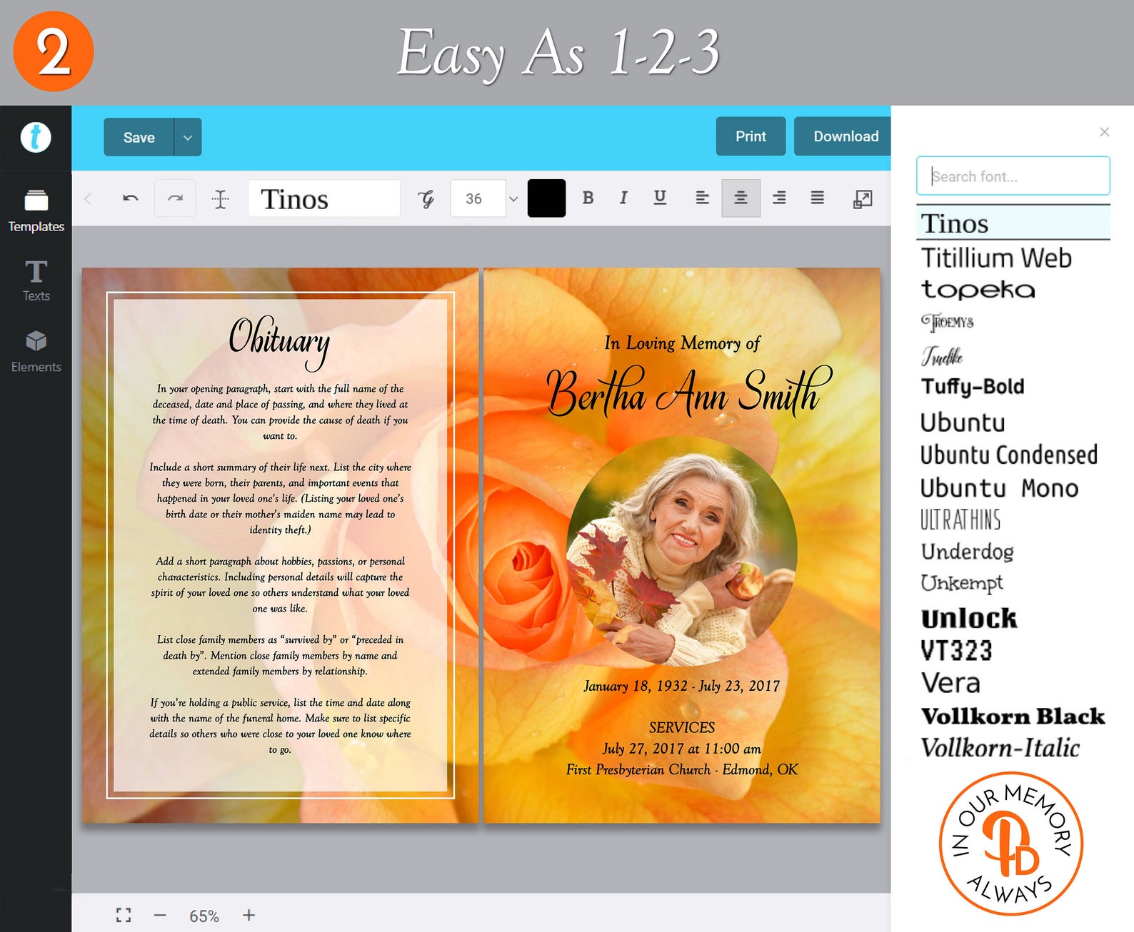 Orange Rose Funeral Program Template, Obituary/order of Service ...