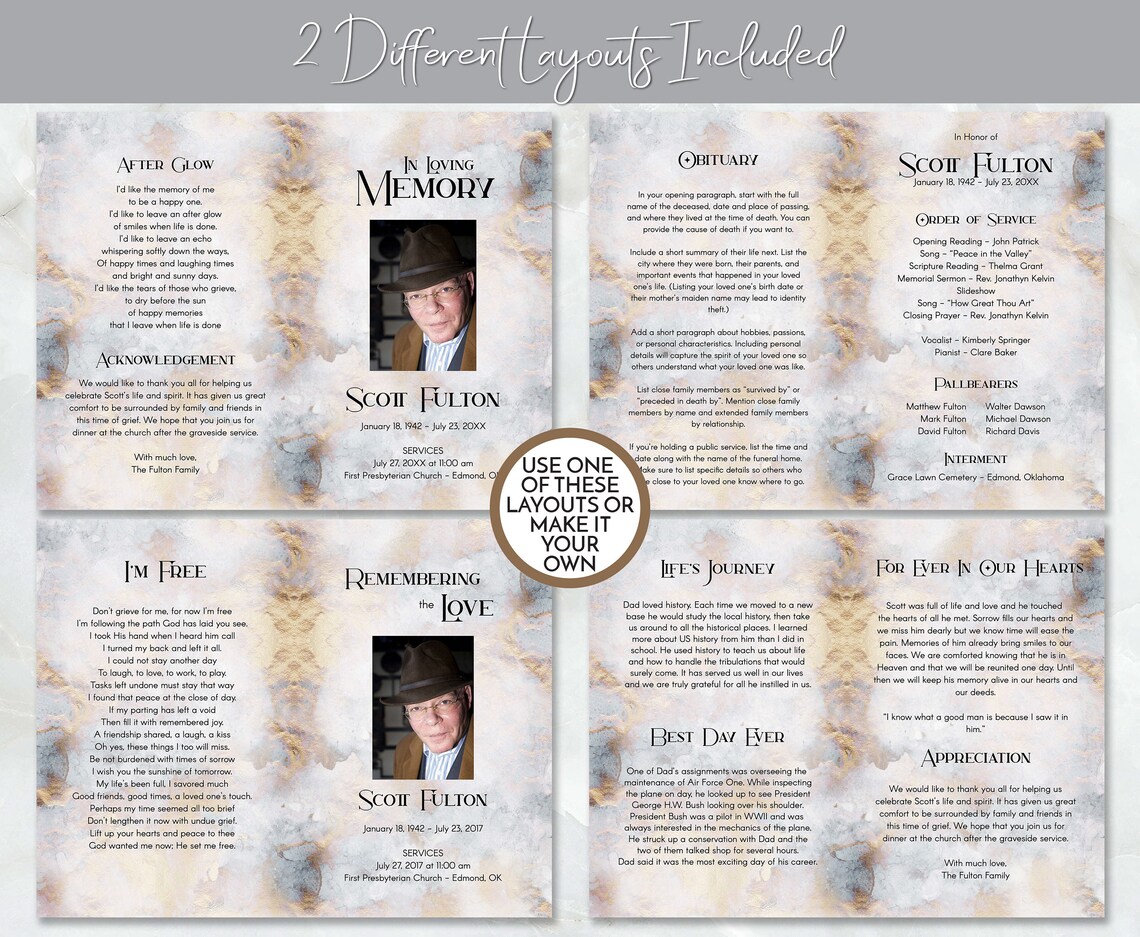 Black and Gold Stone Funeral Program Obituary Template | Etsy