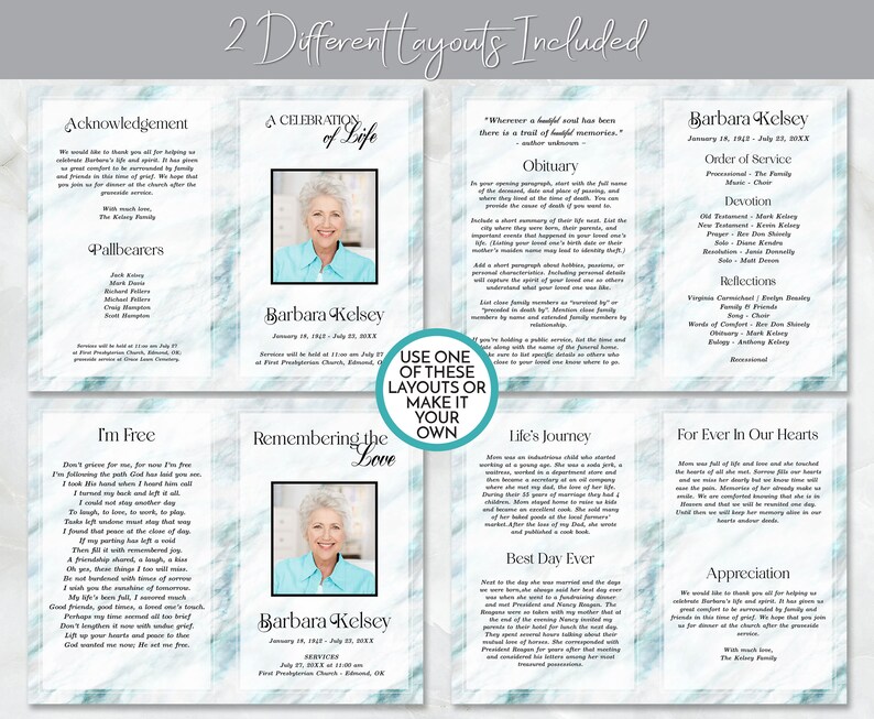 Teal Marble Funeral Program Template Obituary-order of - Etsy