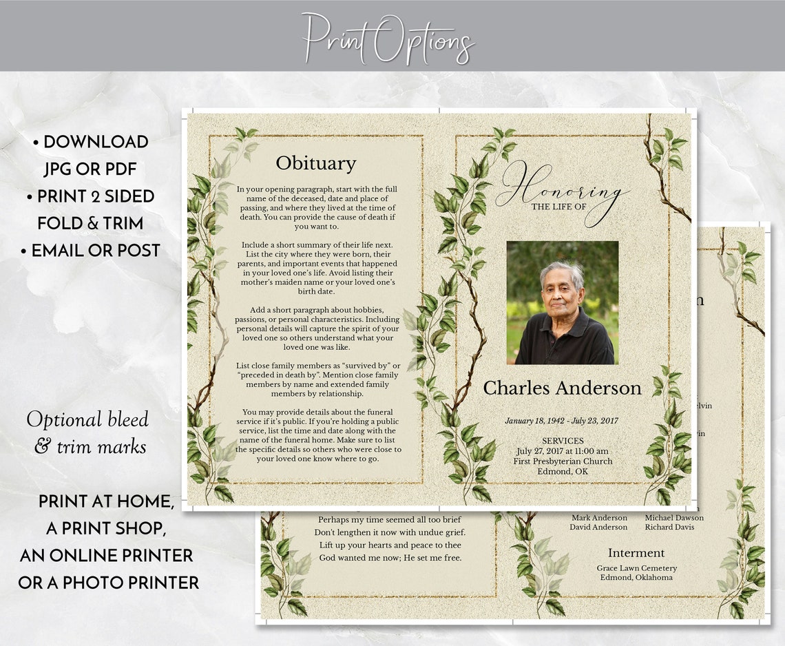 Vine and Twig Funeral Program Obituary Template Celebration - Etsy