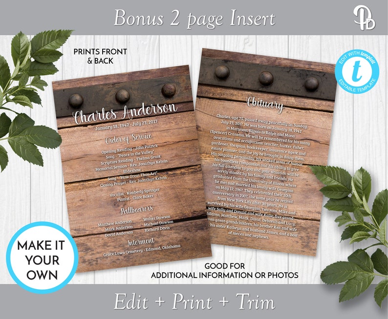 Aged Rustic Wood Funeral Program Template Obituary/order of | Etsy