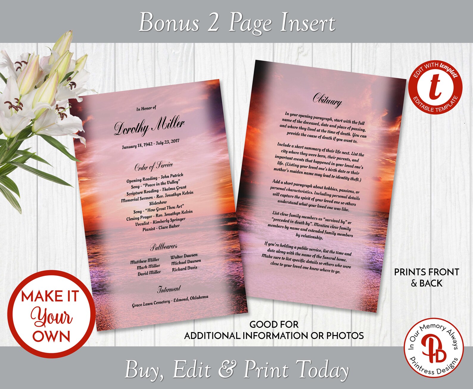 Ocean Sunset Funeral Program Template, Obituary/order of Service ...