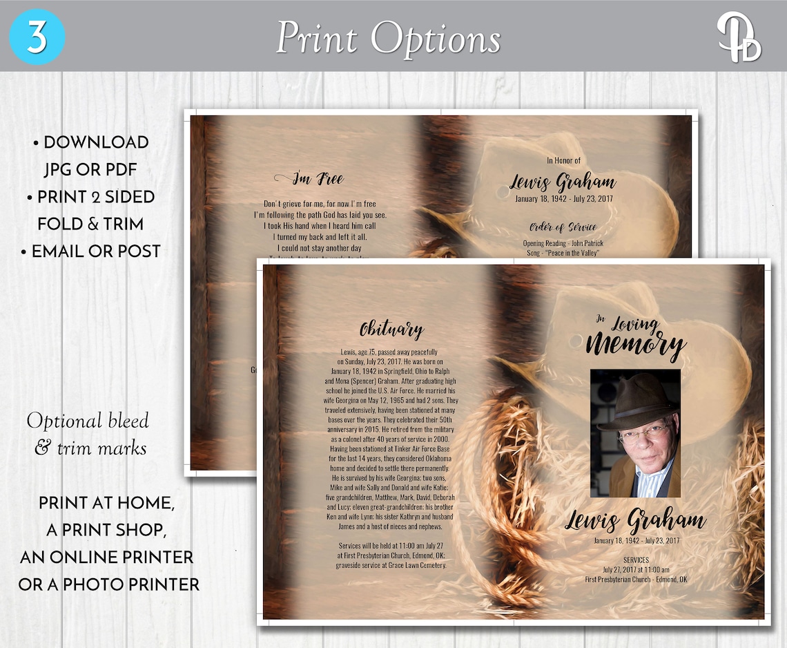 Cowboy Hat & Rope Funeral Program Template Obituary/order of - Etsy