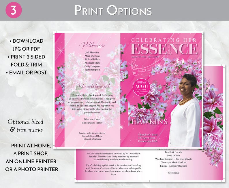 Pink Floral Funeral Program Template, Printable Magazine Memorial ...