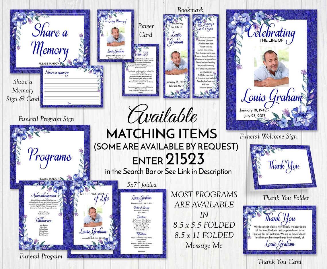 Blue Floral Border Funeral Program Template Obituary/order of | Etsy