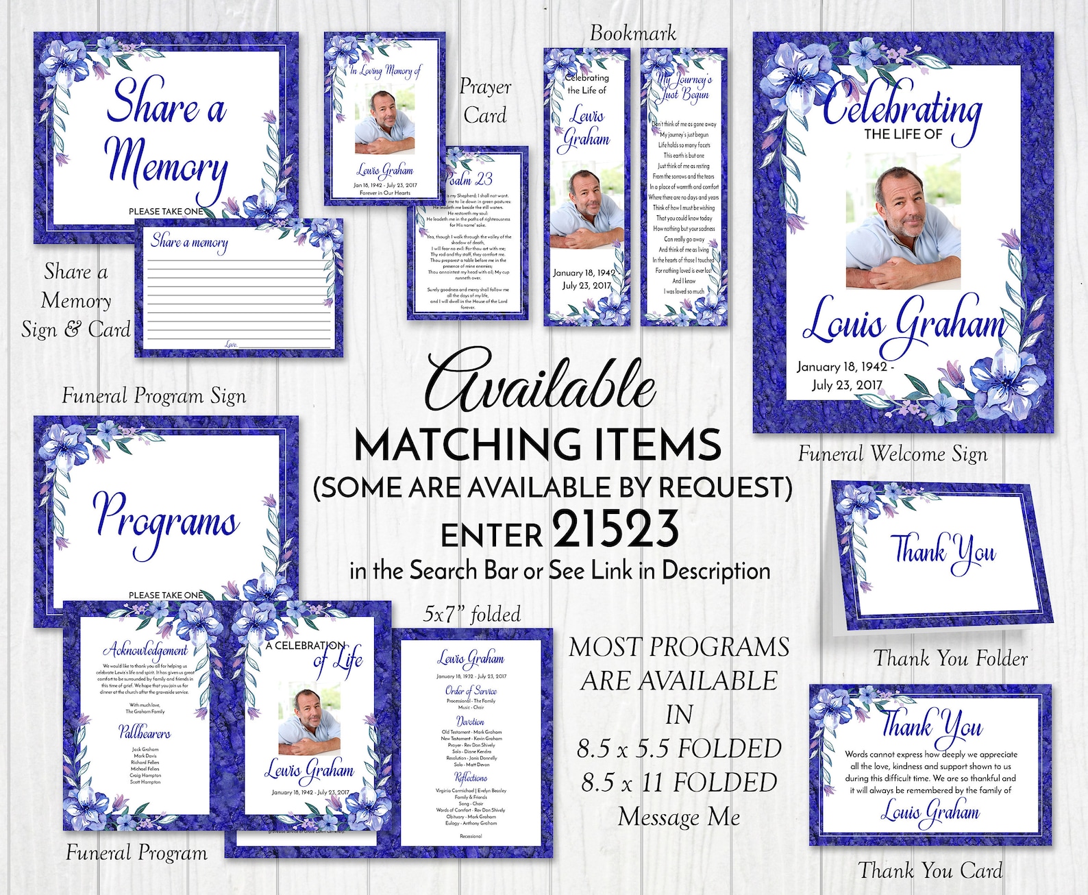 Blue Floral Border Funeral Program Template Obituary/order of | Etsy