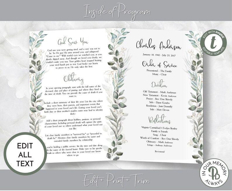 Greenery Border Funeral Program Obituary Template - Etsy